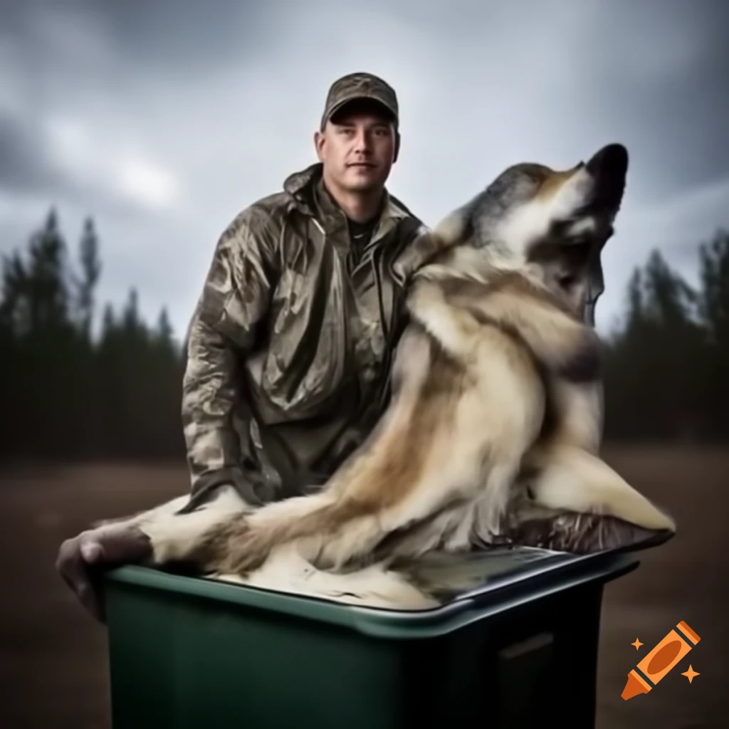 Hunter discarding wolf pelt in trash can on Craiyon