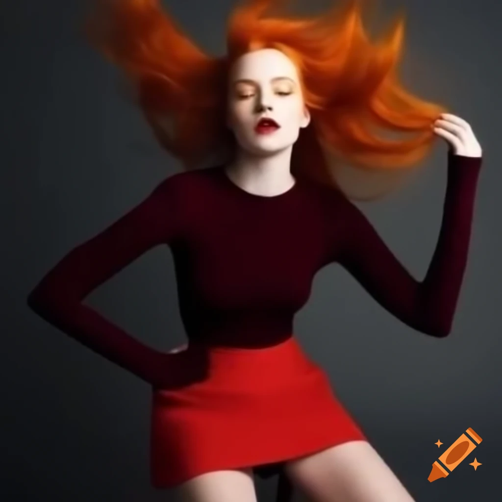 Fashion model with light red hair and dark red outfit on Craiyon