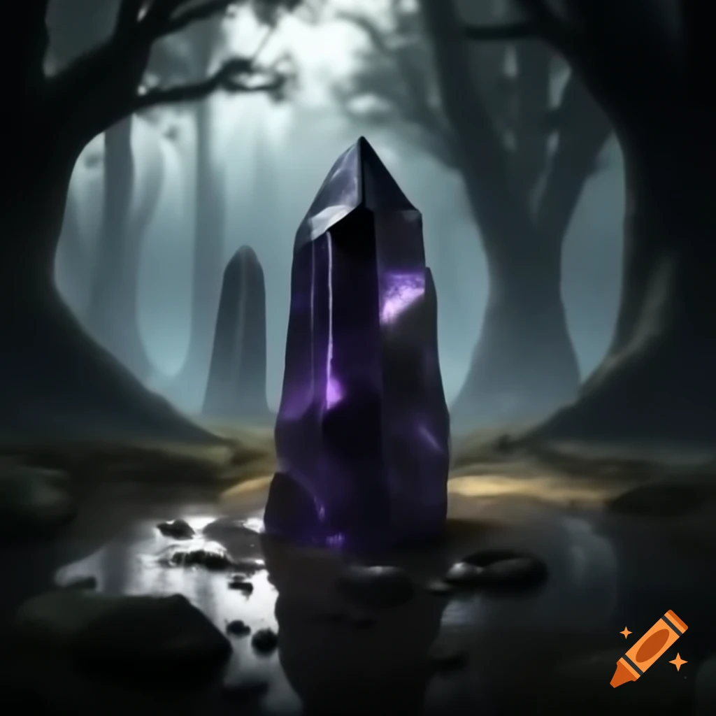 Black obsidian shard glowing in ancient forest surrounded by trees on Craiyon