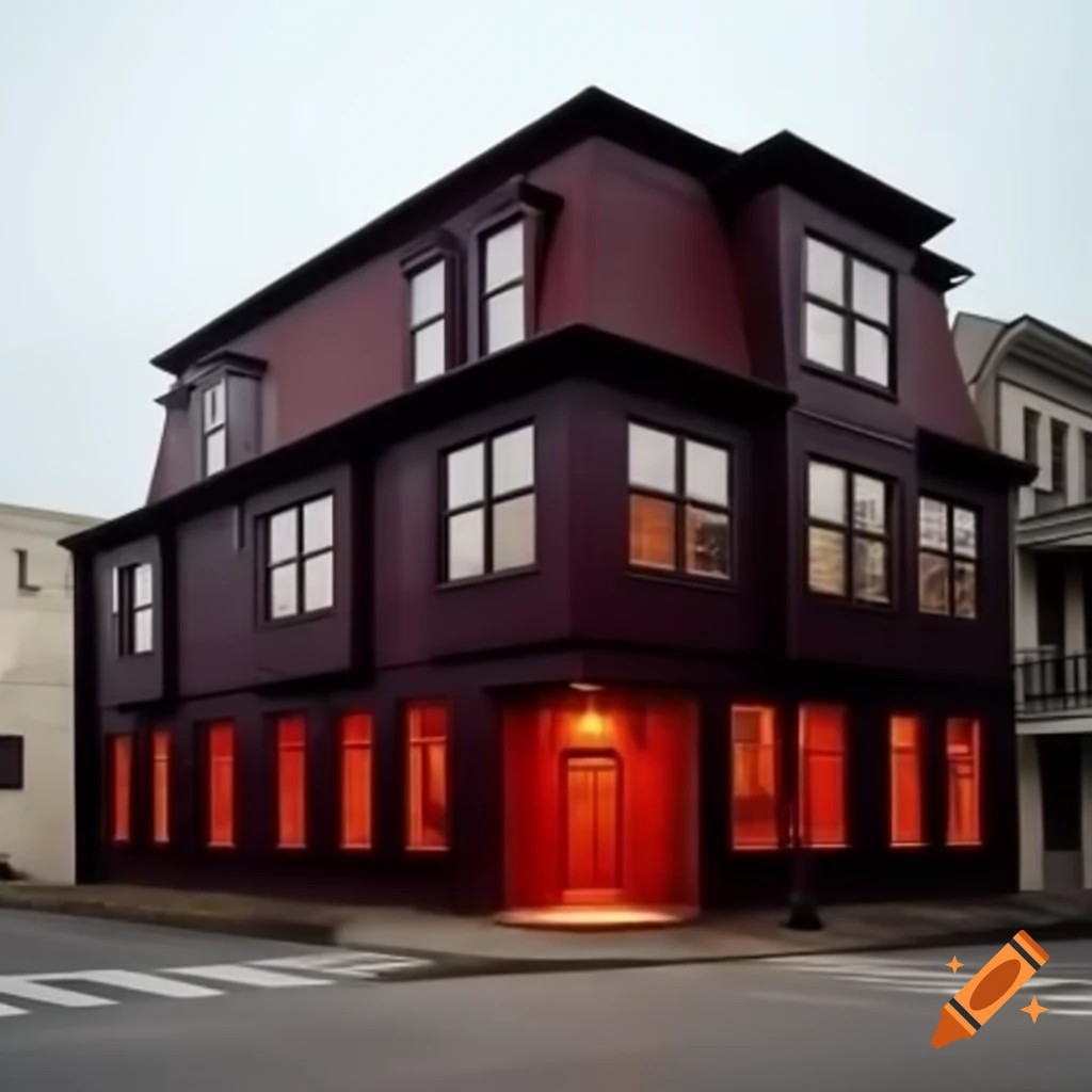 Three story dark red wooden building with multiple windows in old ...