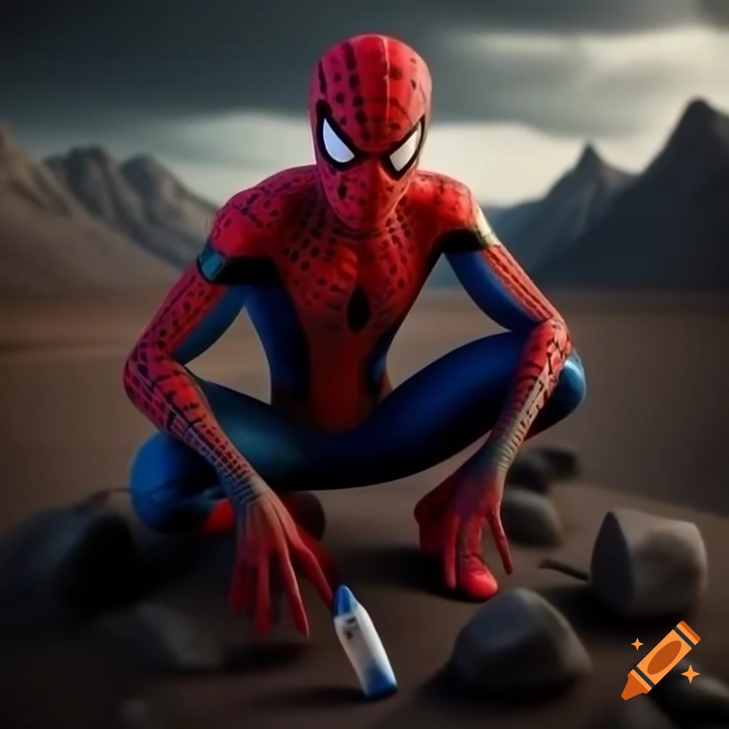 Hyper-realistic Spider-Man in torn suit on rocky mountain landscape on ...