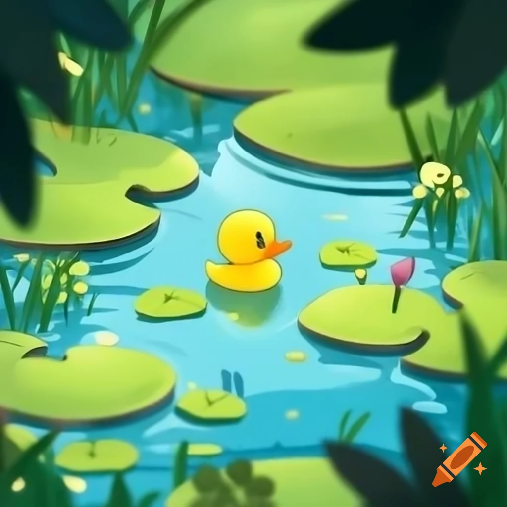 Shy duck finds a treasure map by a quiet pond on Craiyon