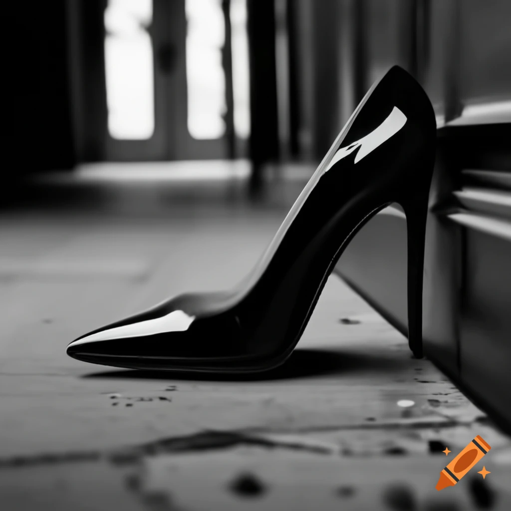 Scuffed black stiletto heel resting in an old hallway, black and white ...