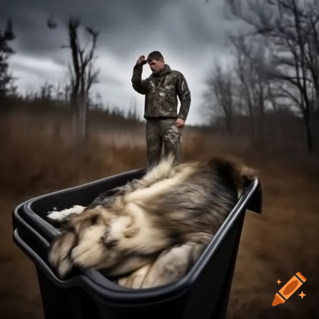 Hunter disposing of wolf pelt in trash can on Craiyon