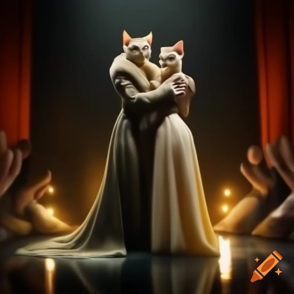 Two anthropomorphic cats embracing on a brightly lit stage with runway ...
