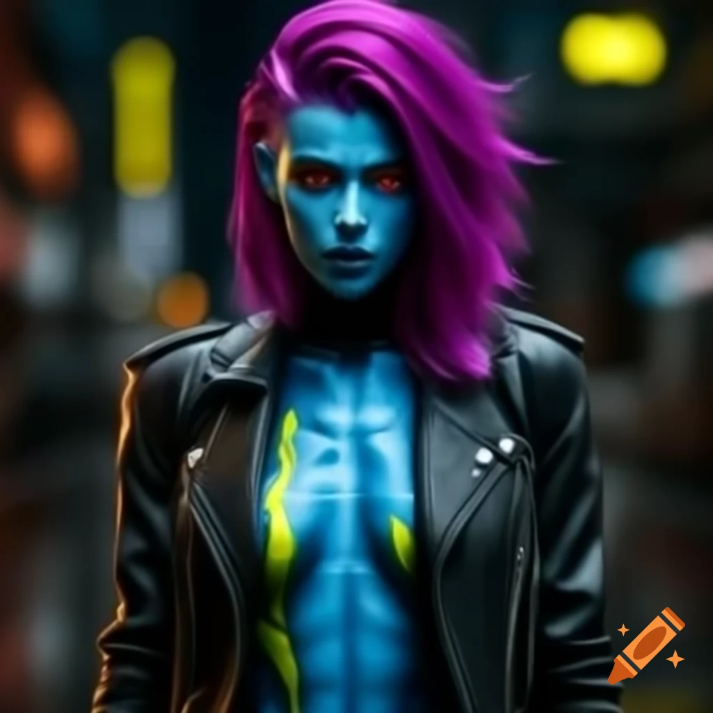 Futuristic cyberpunk character with vivid cyan-blue skin and magenta ...
