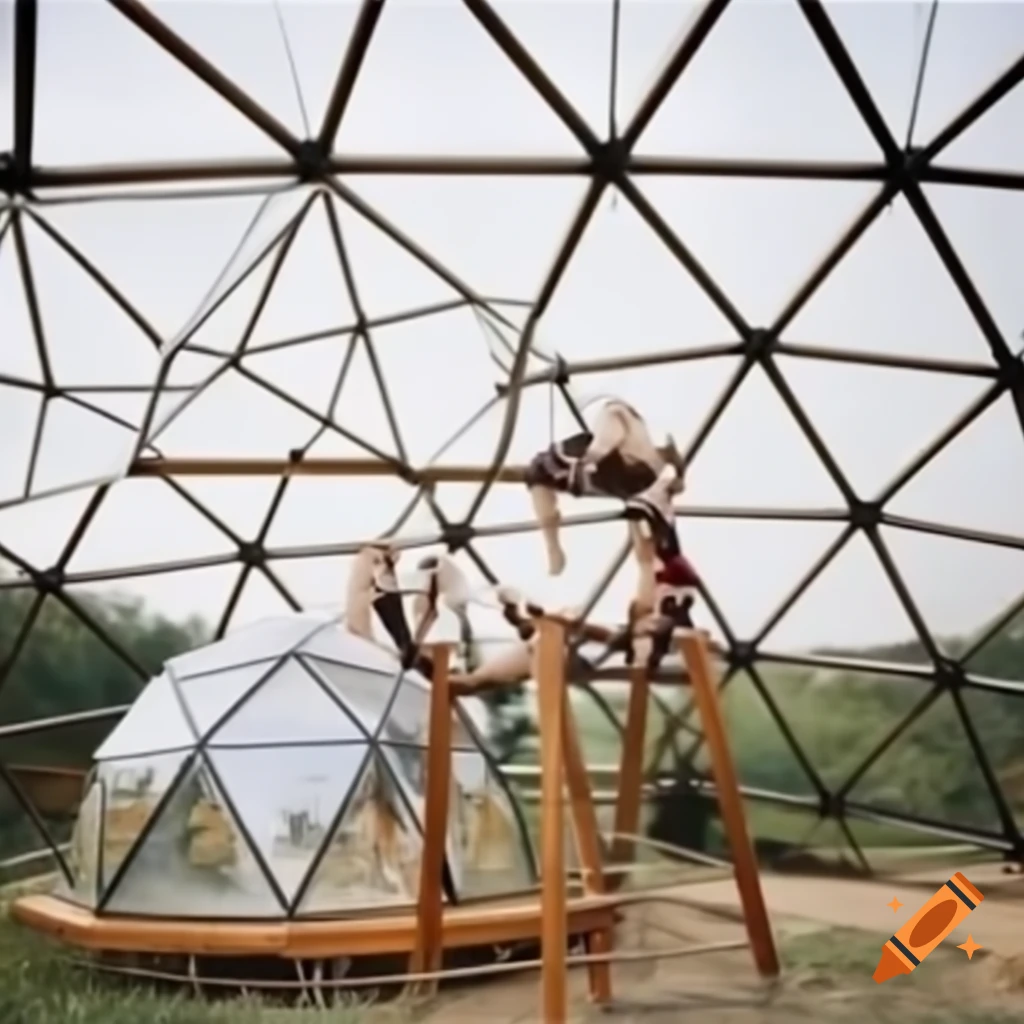 Buckminster Fuller interacting with his geodesic dome on Craiyon