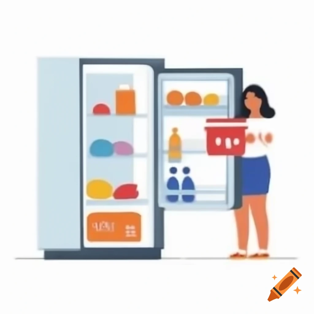 Drawing of woman opening refrigerator holding first aid kit on Craiyon
