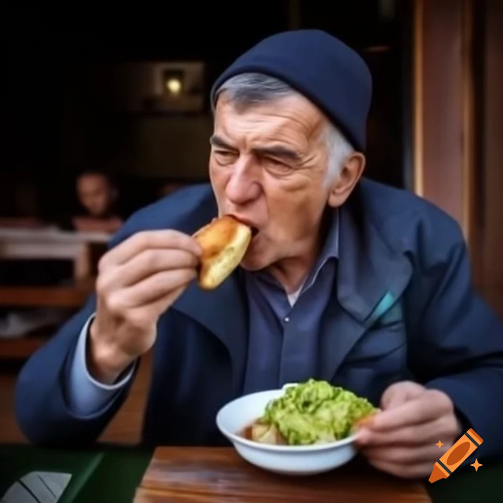 Bosnian man enjoying burek and cevapi with luk on Craiyon