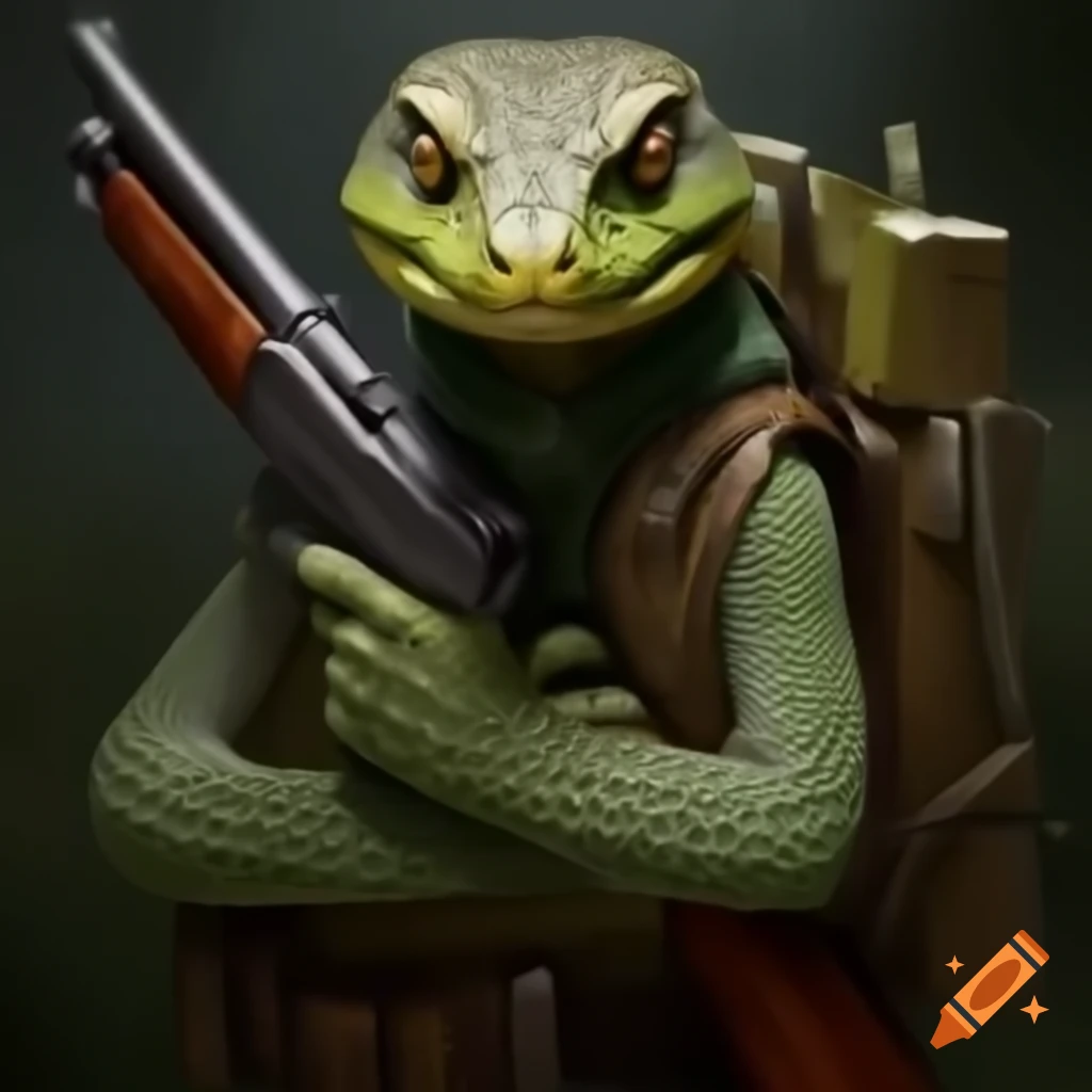 Imaginative depiction of a snake with arms holding a shotgun on Craiyon
