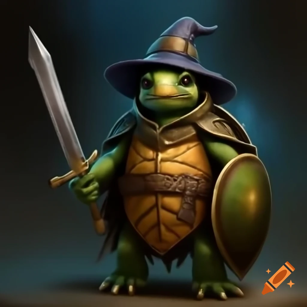 Green turtle character with longsword and shield, wizard-themed on Craiyon