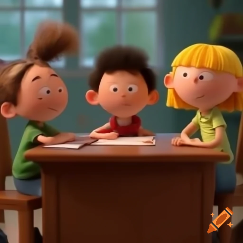 Three children discussing cartoons while sitting at a desk on Craiyon