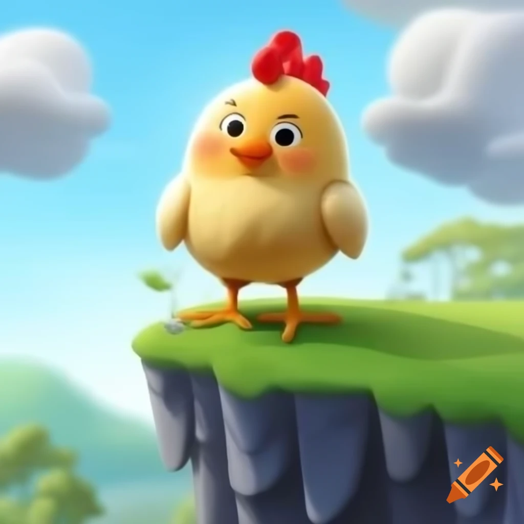 Cartoon chicken standing at the edge of a precipice on Craiyon