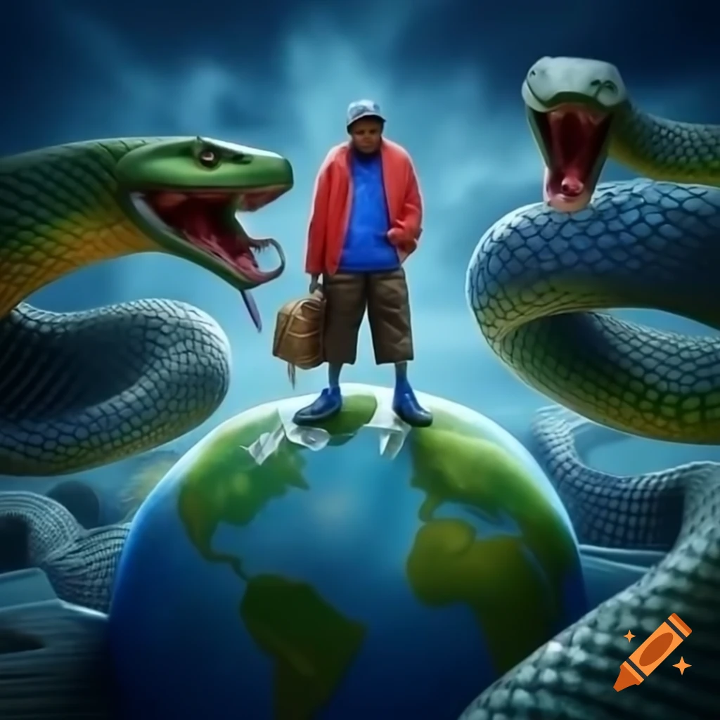 Rapper standing on top of the world with snakes around on Craiyon