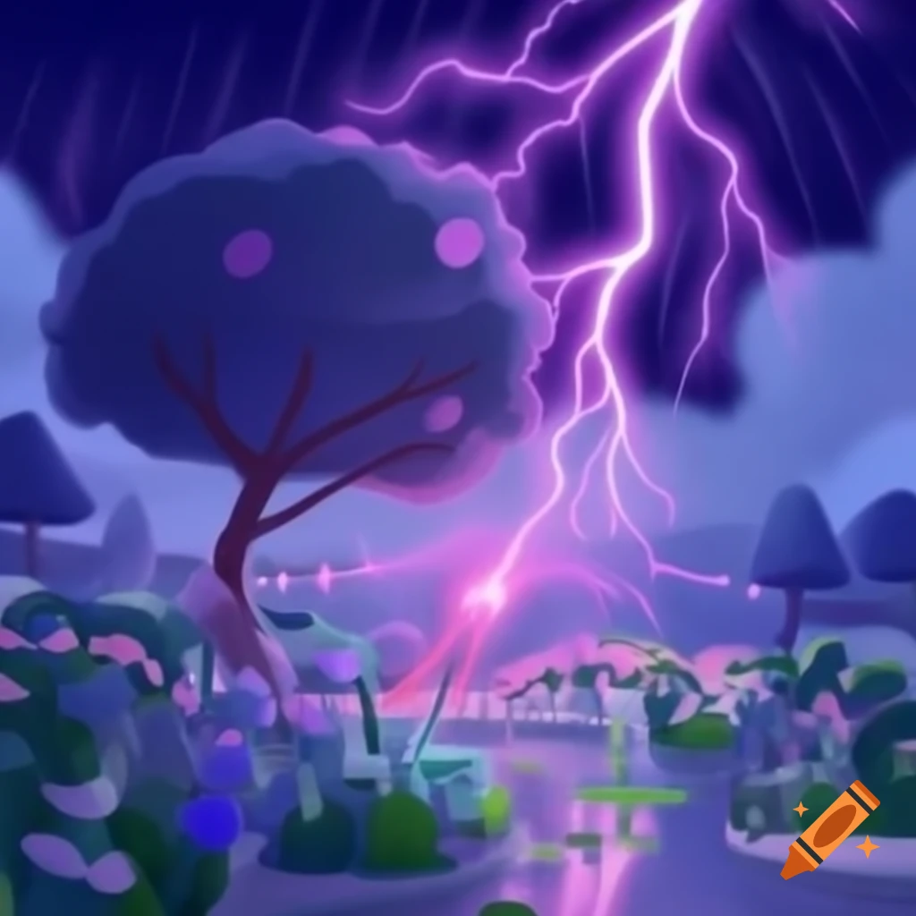 Colorful pastel garden with purple rain and pink lightning, featuring a ...