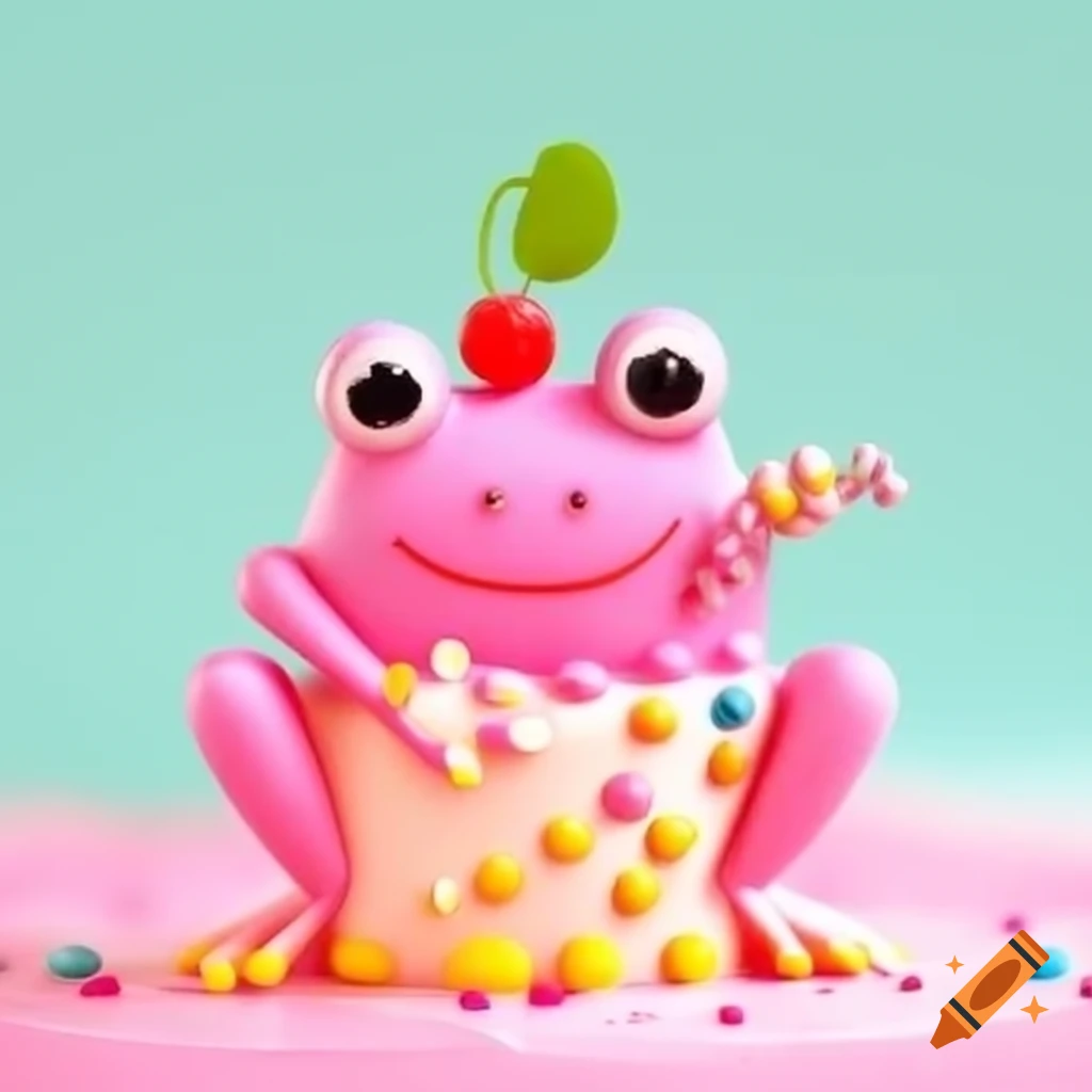 Pink cake frog with icing, sprinkles, and cherry on top on Craiyon