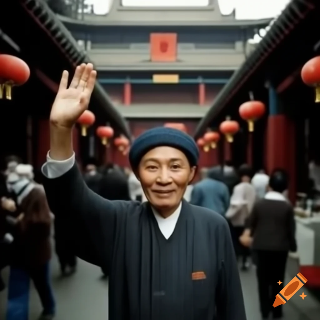 Traditional tailor waving in busy old Chinese kingdom on Craiyon
