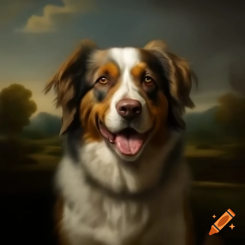 Baroque oil painting of a happy dog in a landscape background ...