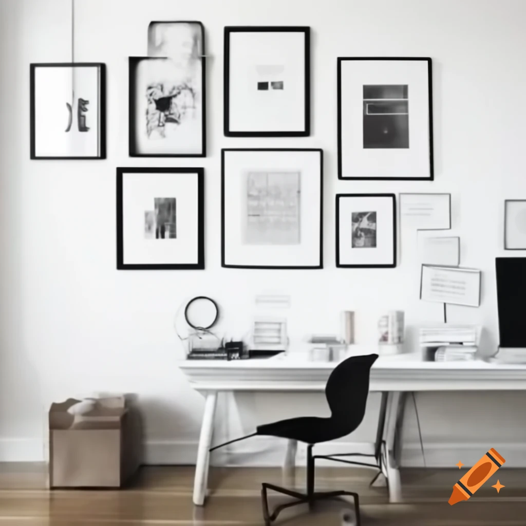 Frames for office wall decor in a white-painted office on Craiyon