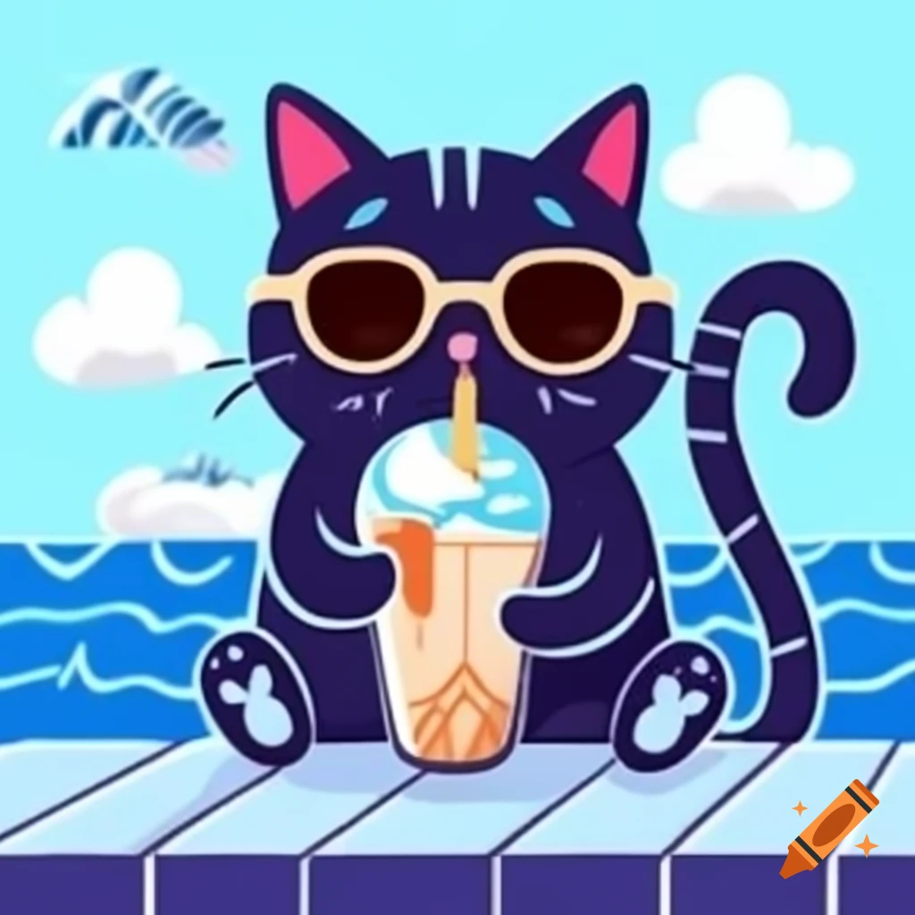 Black cat wearing sunglasses drinking milkshake at the ocean in a ...