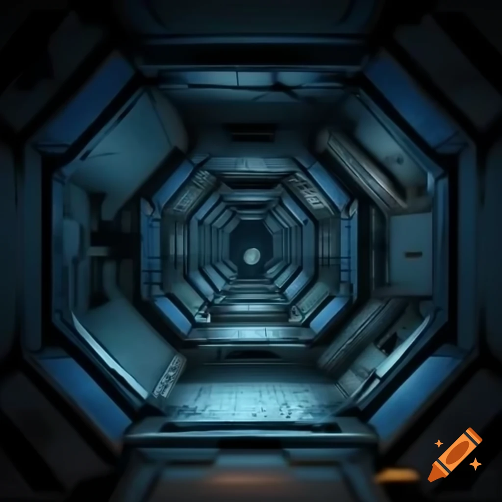 Interior of sci-fi spaceship corridor with open bulkhead and flickering ...