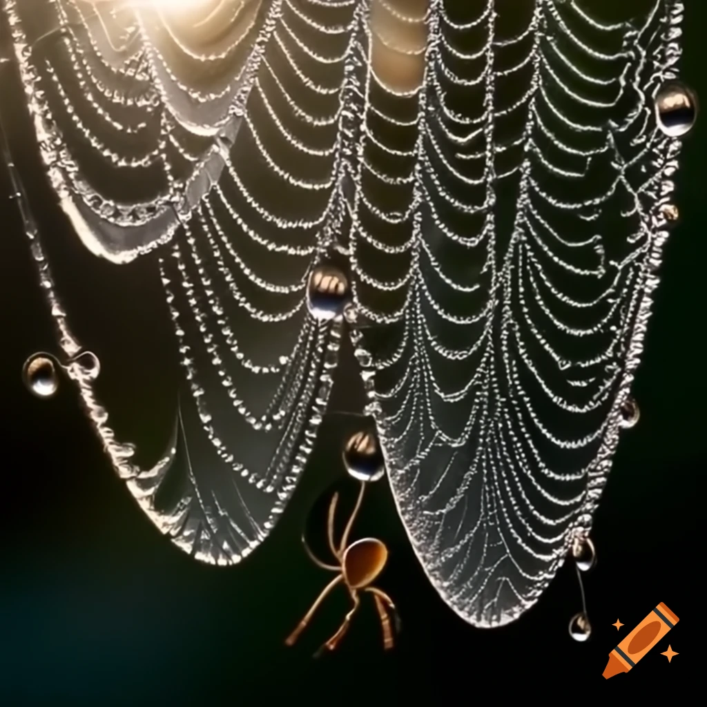 Silver spider web with dew drops illuminating a spider on Craiyon
