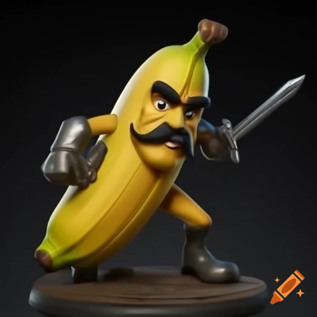 Hero banana with mustache in battle stance at military compound on Craiyon