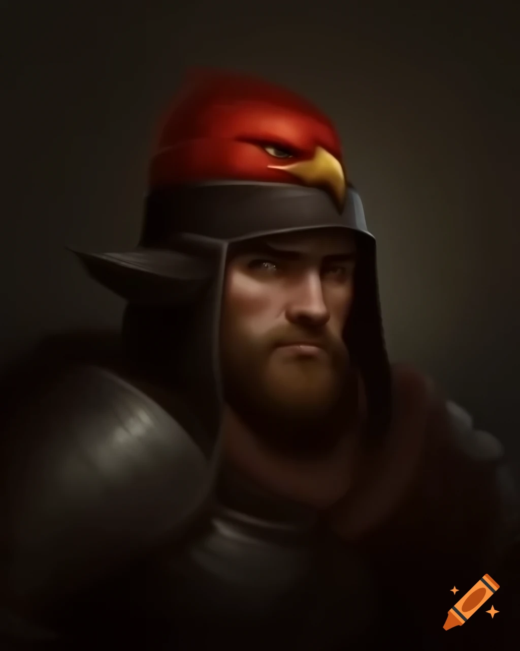 Knight in full plate armor with hawk on helmet and wolf skin mantle on ...