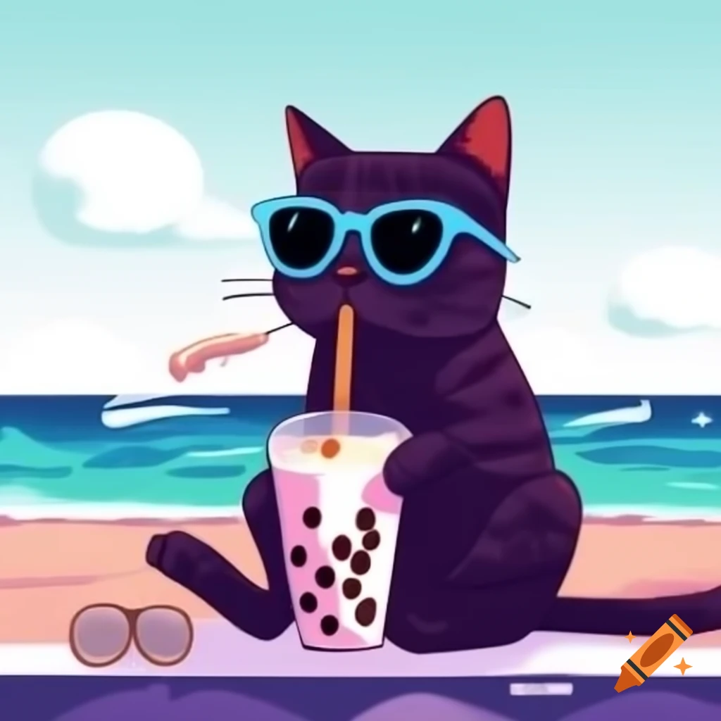 Cartoon black cat with sunglasses enjoying a milkshake by the ocean on ...