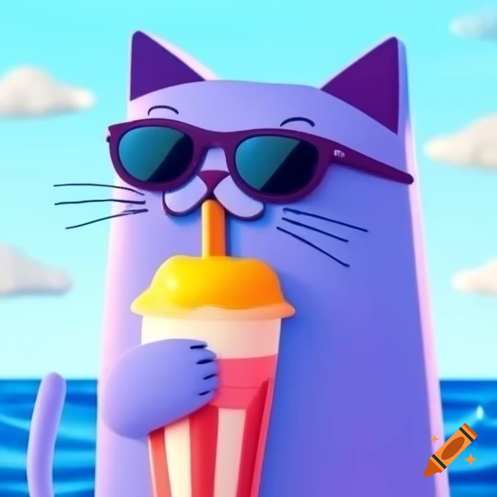 Black cat with sunglasses drinking milkshake by the ocean, black and ...