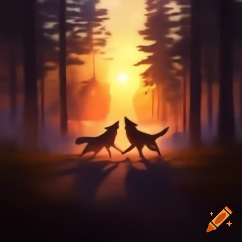 2D art of wolves running into shadow during golden hour on Craiyon