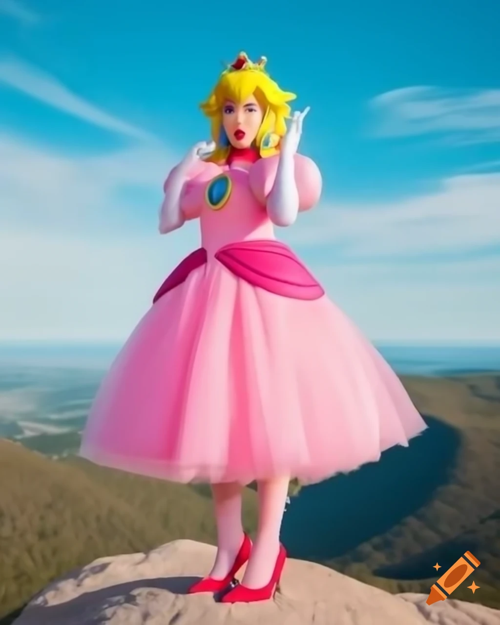Link dressed as Princess Peach in pink ballgown and red heels on ...