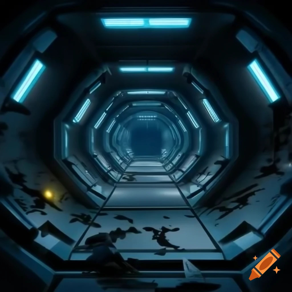 Interior of sci-fi spaceship corridor with open bulkhead and flickering ...