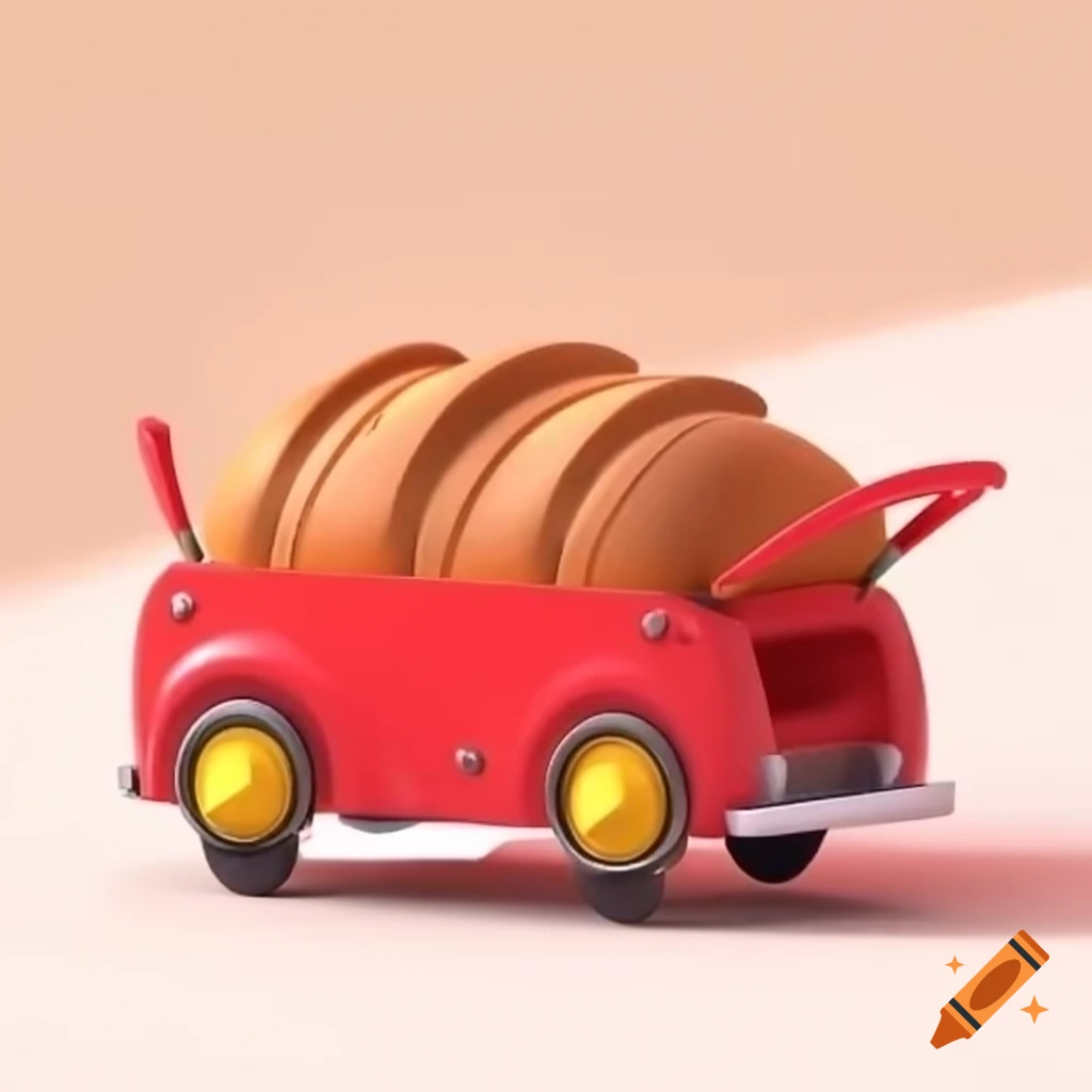 Car designed as a loaf of French bread with wheels and spoiler on Craiyon