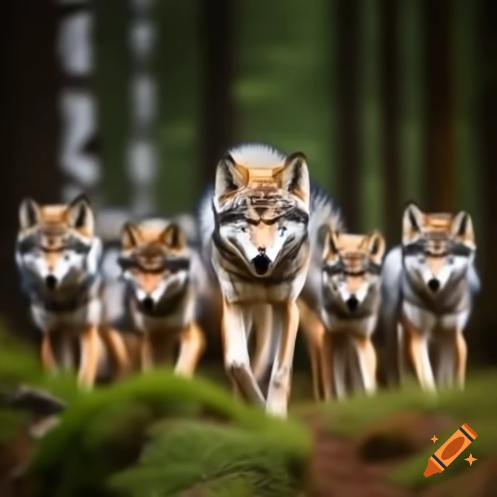 Family of five wolves walking away in a forest, realistic depiction on ...