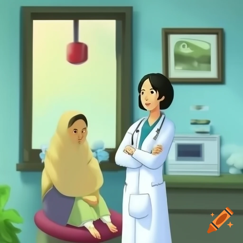 Studio Ghibli-style illustration of Pakistani female doctor in scrubs ...
