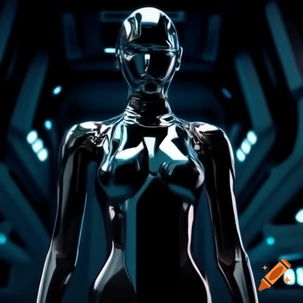 Synthetic human with black chrome body in dark futuristic room on Craiyon
