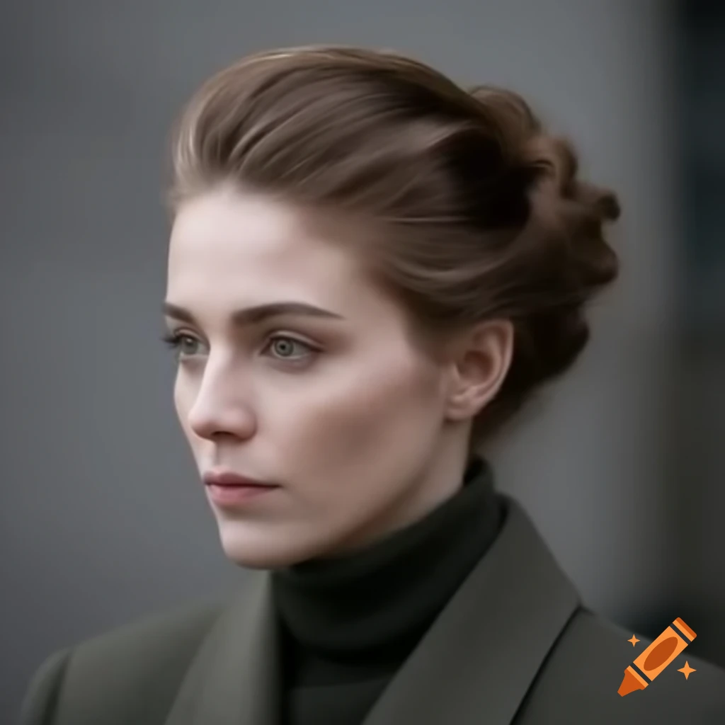 Portrait of a woman with short hair covering half of her face ...