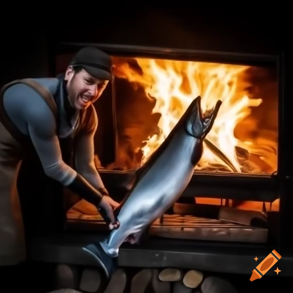 Man tossing salmon into fireplace with roaring fire on Craiyon