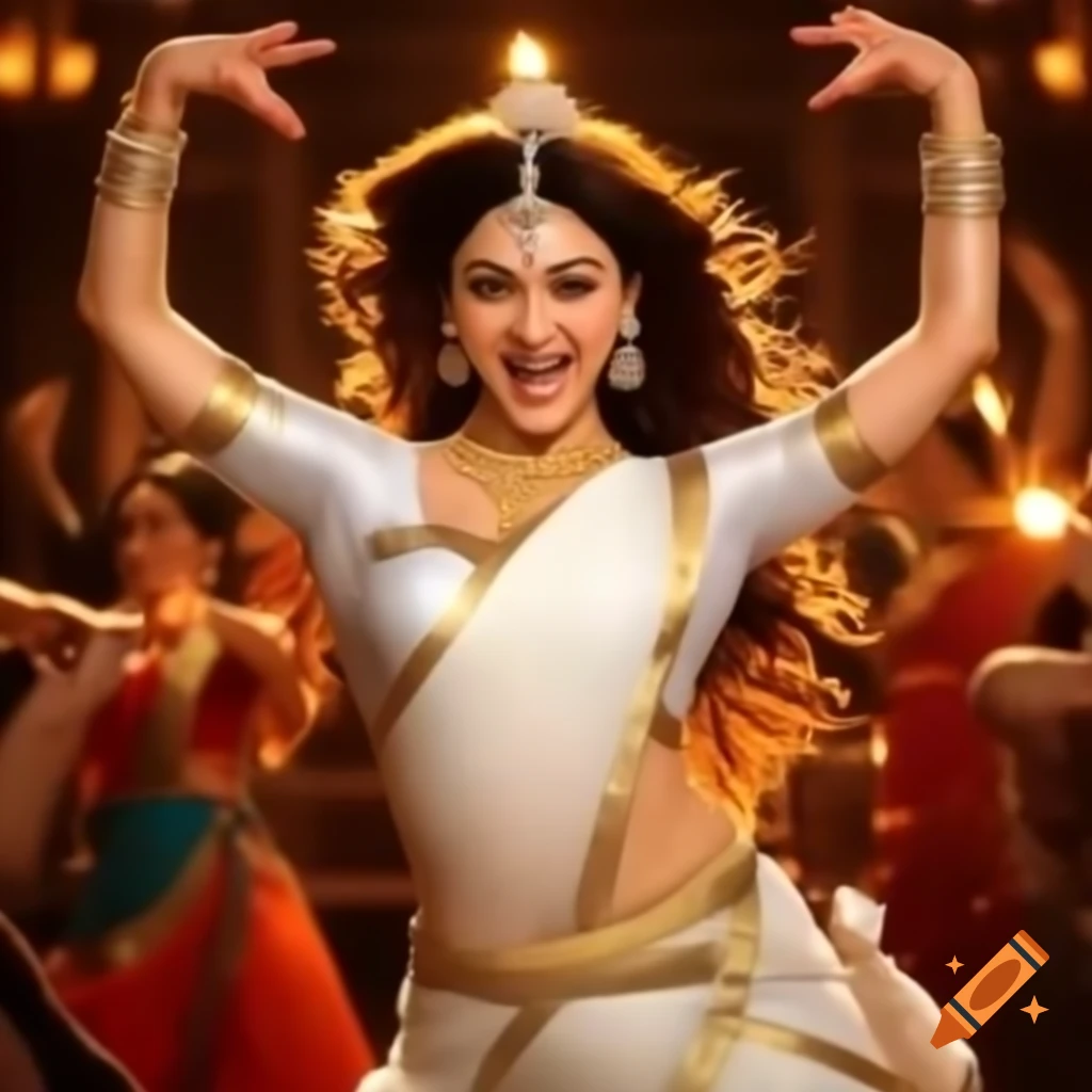 Cinematic image of Apsara Urvashi dancing in white saree in heavenly setting on Craiyon