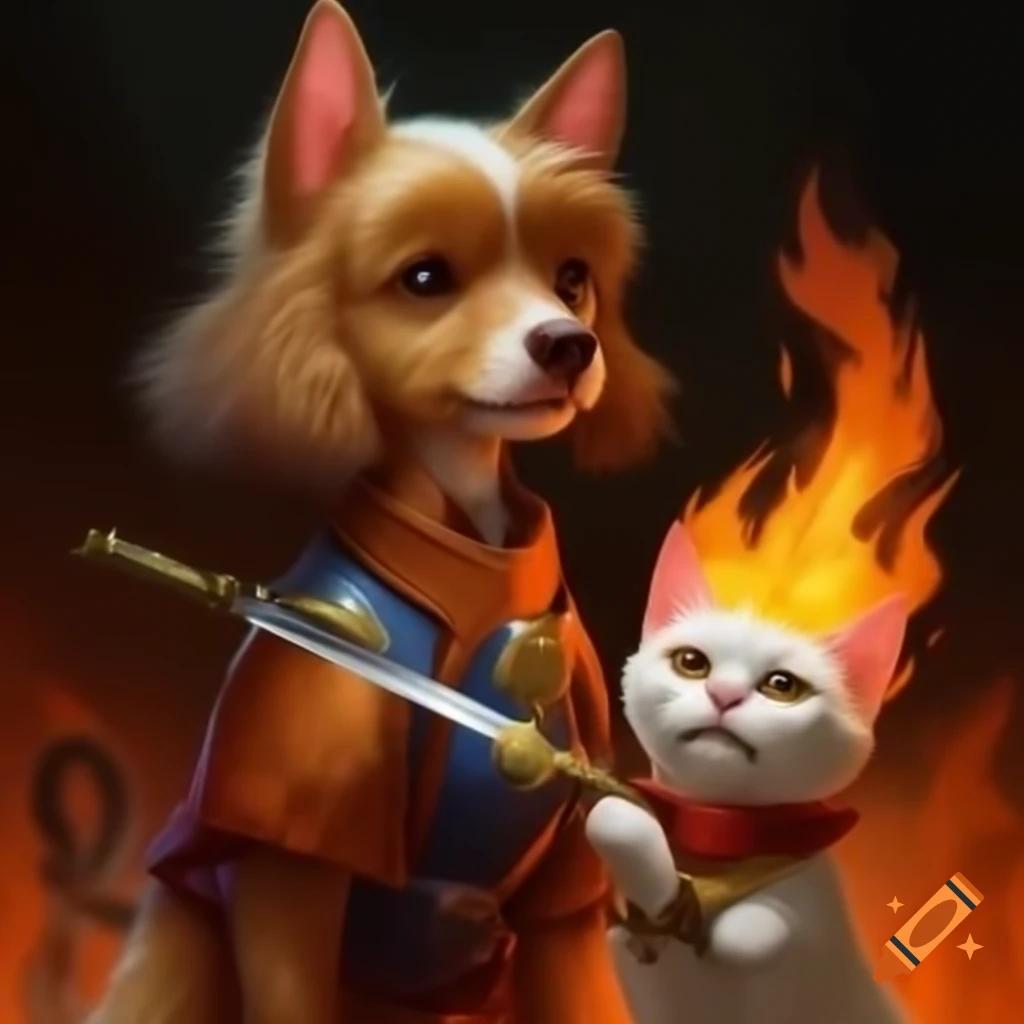 Dog and cat wielding a sword amidst flames on Craiyon