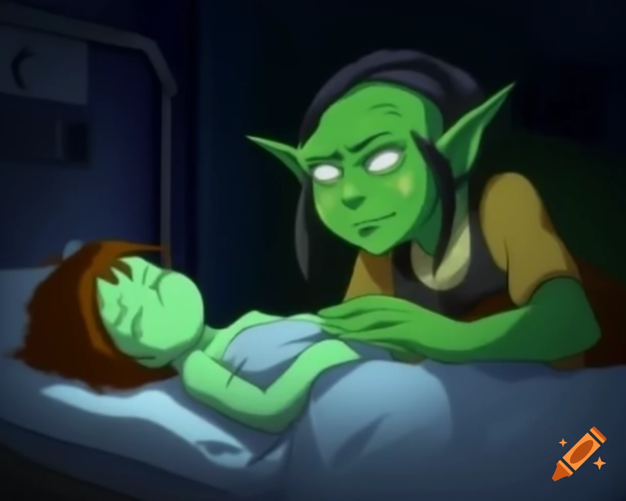 Green-skinned goblin girl caring for sick friend in anime style on Craiyon