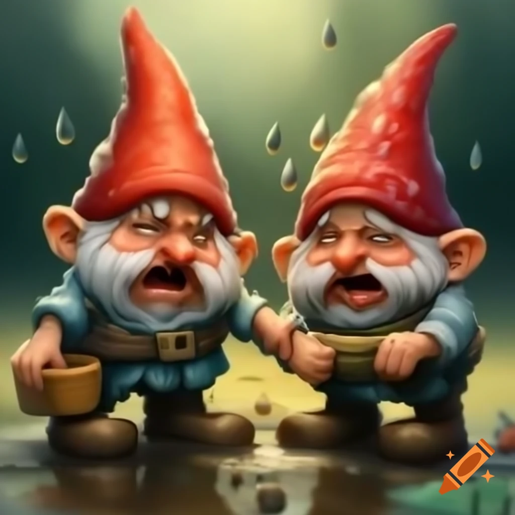 Cartoon garden gnomes expressing desperation in rain on Craiyon