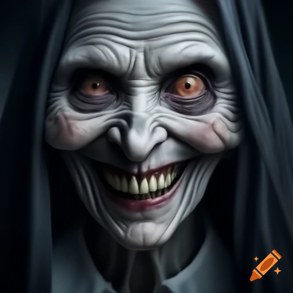 Old lady ghost with scary face and long hair, creepy smile on Craiyon