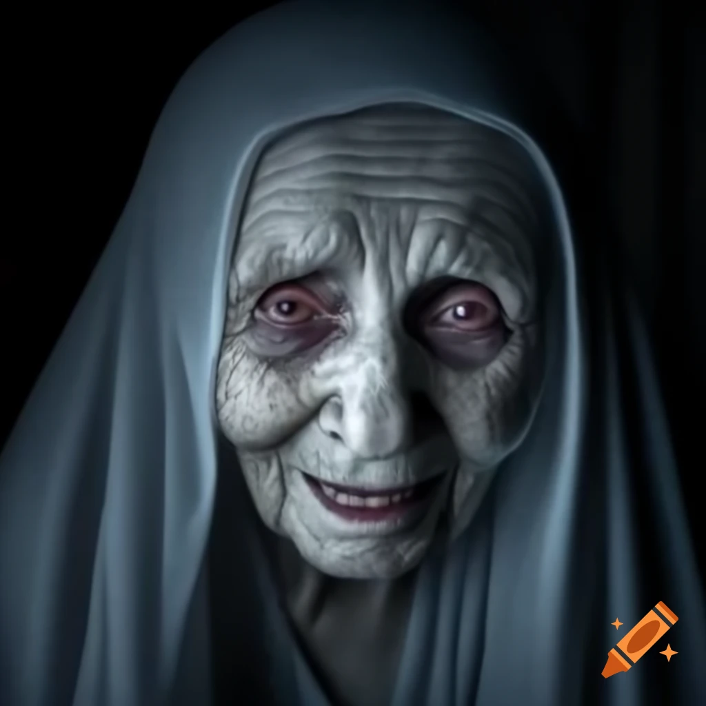 Old lady ghost with eerie face and long hair crawling on Craiyon