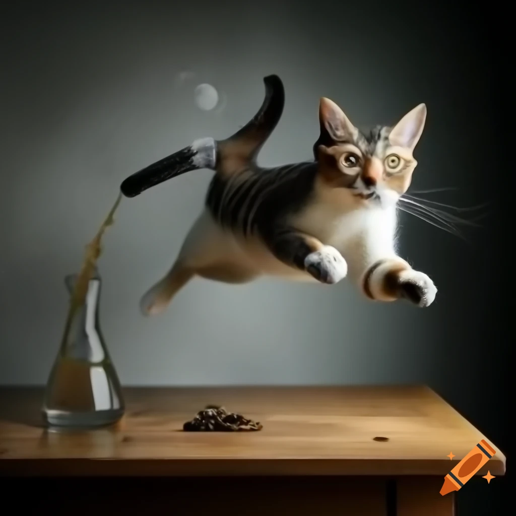 Cat jumping onto table, knocking over vase and spilling water on Craiyon