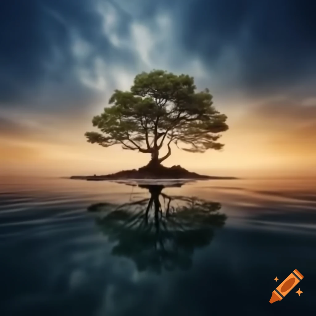 Solitary tree on small island surrounded by ocean waves on Craiyon