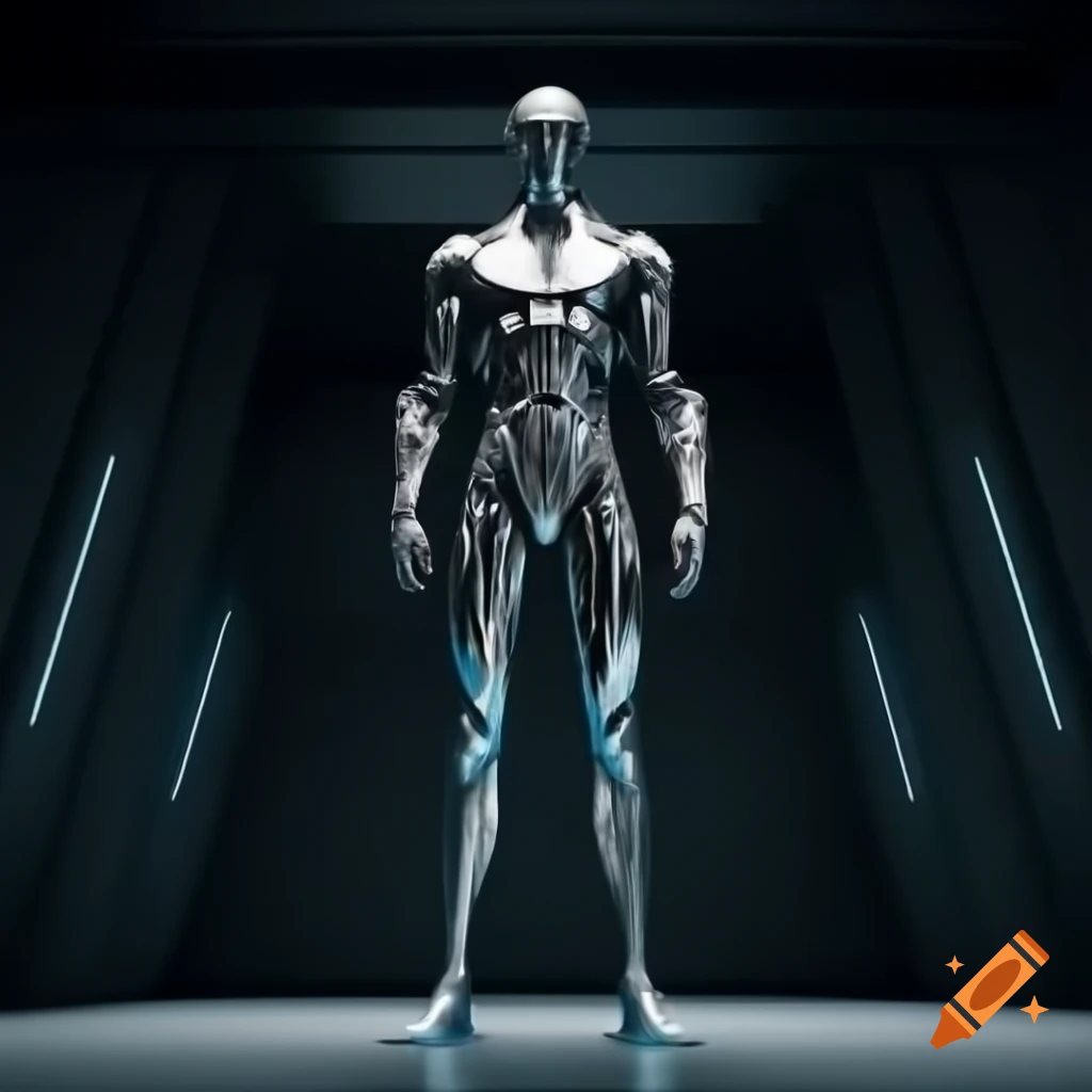 Futuristic synthetic human with metallic body in dark room on Craiyon