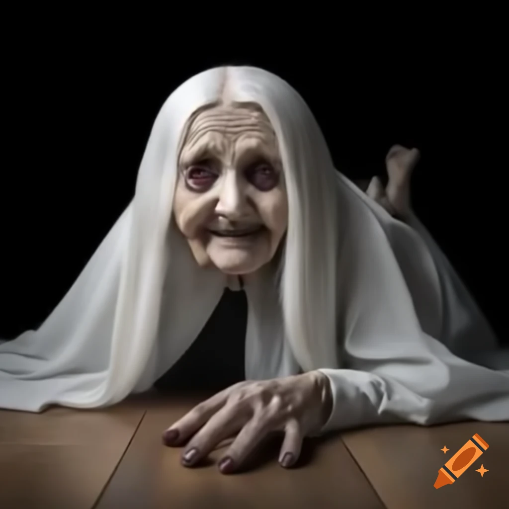 Eerie old lady ghost with long hair and creepy smile crawling on the ...