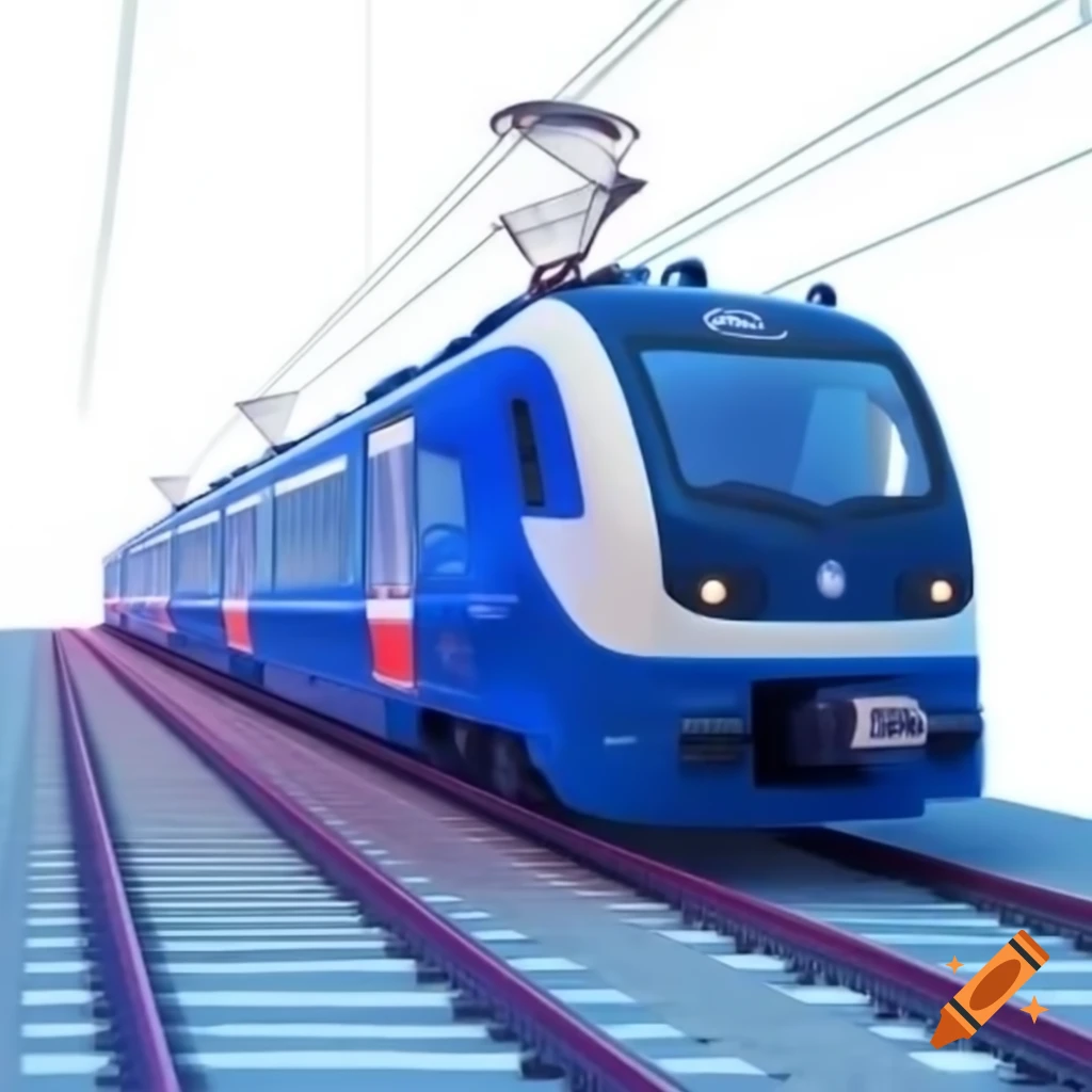 Modern blue and white digital Lego train on railway with neon lines ...